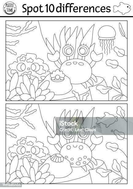 아이들을위한 차이점 찾기 게임 귀여운 게 스폰지 바다 풍경이 있는 흑백 교육 활동 보트를 타고 있는 아이들을 위한 바다 생명선