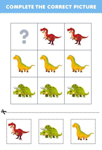 귀여운 만화 티라노사우루스 트리케라톱스 또는 Isisaurus 인쇄 가능한 공룡 워크시트의 올바른 그림을 선택하고 완성하는