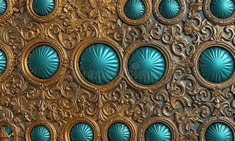 Close Up View Gold Colored Ornate Surface With Repeating Pattern Turquoise Colored Circles And