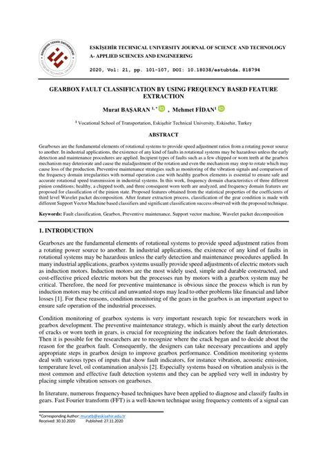 Pdf Gearbox Fault Classification By Using Frequency Based Feature Extraction