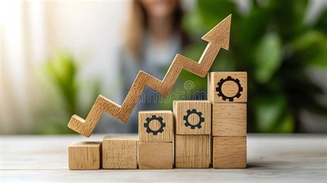 Dynamic Growth Representation With Wooden Blocks And Upward Arrow Stock