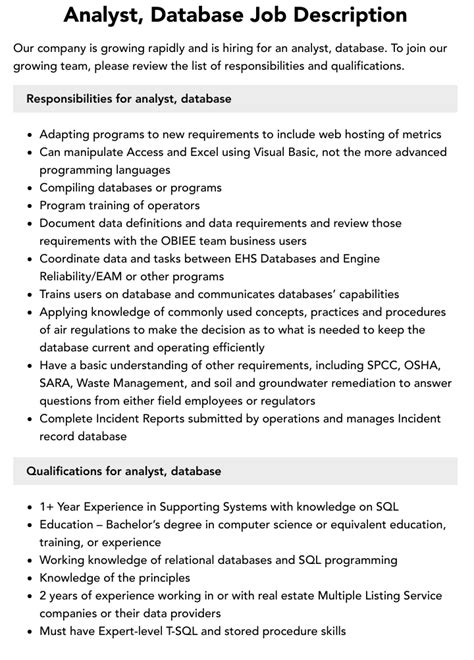 Analyst Database Job Description Velvet Jobs