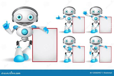 White Robot Vector Character Set Standing While Holding Empty White Board Stock Vector