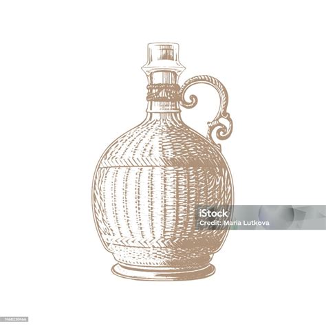 와인 고리 버들 세공 병 빈티지 벡터 부화 회색 흑백 그림입니다 흰색 배경에 격리 손으로 그린 개체 그룹에 대한 스톡 벡터 아트 및 기타 이미지 Istock
