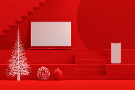빈 화면 노트북 크리스마스 새해 개념 빨간 배경 계단 스탠드 연단 0명에 대한 스톡 사진 및 기타 이미지 0명 3차원 형태
