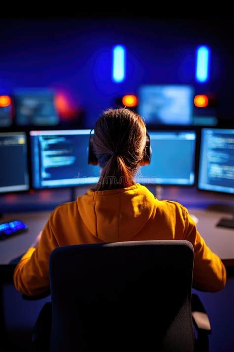 Young Adult Female Coder In Yellow Hoodie Working At Multi Screen