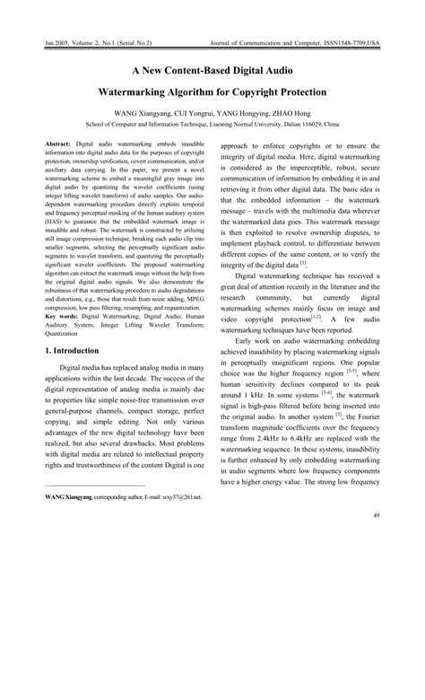 Pdf A New Content Based Digital Audio Watermarking Algorithm For