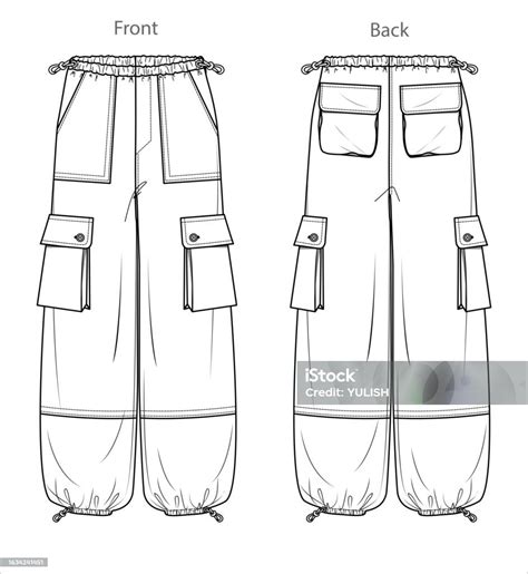 벡터 여성 양털 조깅하는 사람 기술 도면 허리띠와 측면 포켓이 있는 유틸리티 스타일 바지는 패션 Cad 템플릿 스케치 플랫을