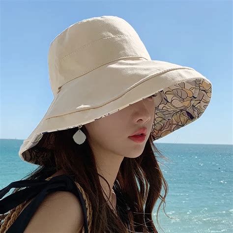2023 봄 여름 프린트 리버시블 썬 비치 모자 여성 소녀 야외 여행 휴가 어부 모자 넓은 챙 125cm 바이저 모자
