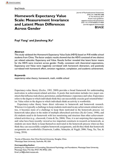 Pdf Homework Expectancy Value Scale Measurement Invariance And Latent Mean Differences Across