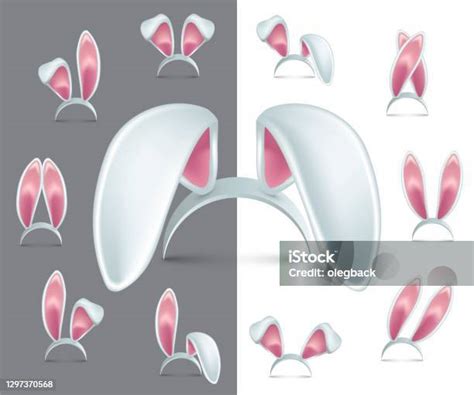 부활절 토끼 귀 헤드 밴드 세트 토끼 의상 마스크 벡터 일러스트 흰색과 회색 배경에 머리에 대한 현실적인 귀여운 모피 파티 밴드 카니발 봄 축제 장식 부활제에 대한 스톡