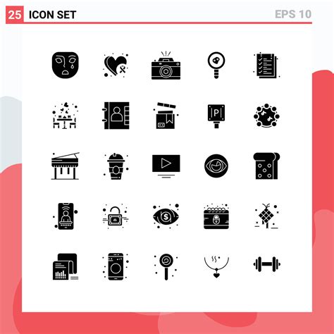 Set Of 25 Vector Solid Glyphs On Grid For Document Lab Report Camera Biology Theorem Aperture