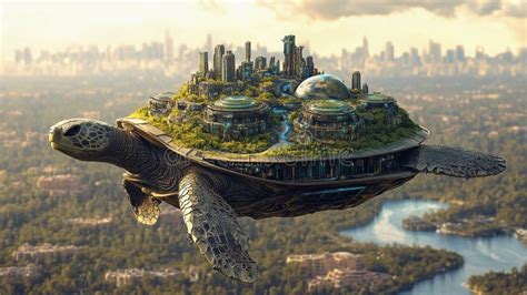 Floating City On A Giant Turtle Showcases A Unique Blend Of Nature And Futuristic Architecture