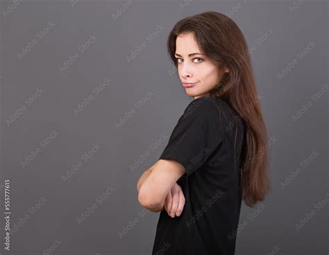 Puzzled Doubt Thinking Unhappy Brunette Woman Pouted Her Lips With