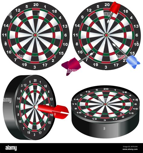 Illustration Of A Dart Board In Different Positions With Darts Stock