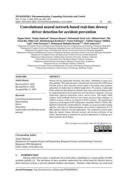 Convolutional Neural Network Based Real Time Drowsy Driver Detection For Accident Prevention Pdf