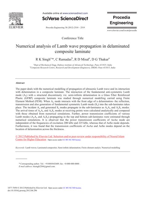 pdf numerical analysis of lamb wave propagation in delaminated