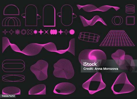 추상 기하학적 모양의 집합은 미래 지향적인 선 디자인 요소 인포그래픽 모양을 유행시킵니다 현대 유행 복고풍 미래파 디지털 증기파 Ui 및 Ux에 대한 복고풍 미래 벡터 그림