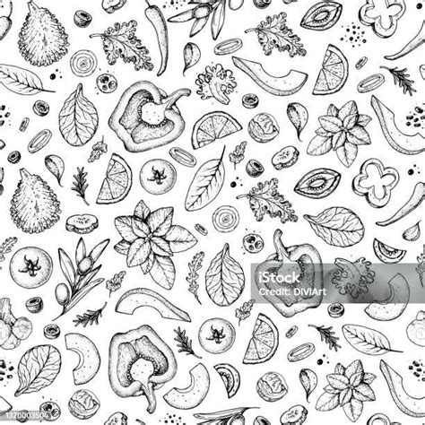 낙서 야채 원활한 패턴 샐러드 배경 비건 음식 손으로 그린 스케치 패키징 디자인 템플릿 샐러드에 대한 스톡 벡터 아트 및 기타 이미지 Istock