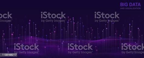 빅 데이터 시각화 데이터 흐름의 미래 지향적 설계 흐르는 입자와 추상적인 디지털 배경입니다 파도 선과 점으로 추상적인 디지털