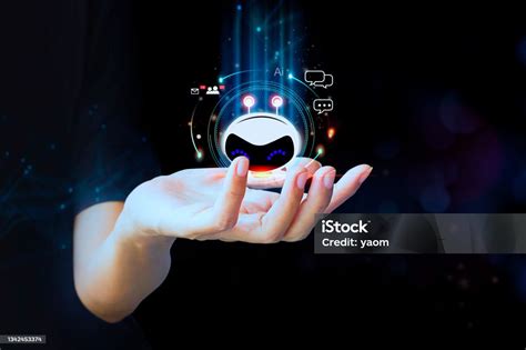 온라인 네트워크 로봇 애플리케이션 및 글로벌 연결 Ai 인공 지능 혁신 및 기술의 정보와 데이터에 대한 액세스를 제공하기 위한 손 만지는 디지털 챗봇 챗봇에 대한 스톡 사진