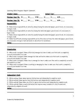 Learning Skills Comments For Ontario Progress Report TPT