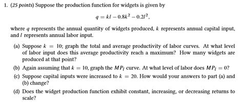 Solved Suppose The Production Function For Widgets Is Given