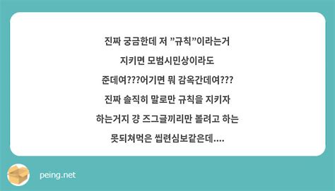 진짜 궁금한데 저 규칙이라는거 지키면 모범시민상이라도 준데여어기면 뭐 감옥간데여 진짜 Peing 질문함