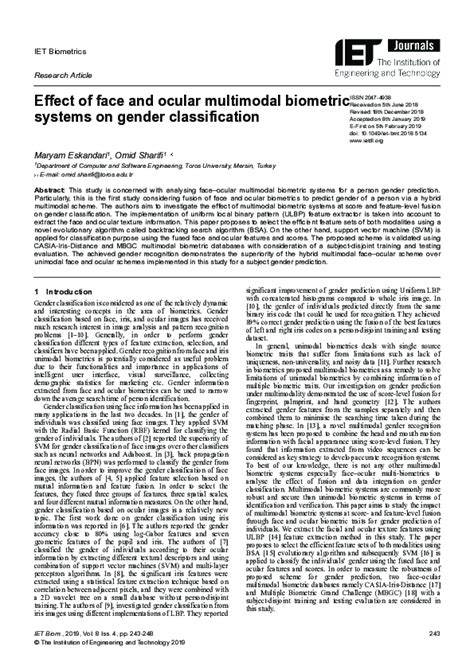 Effect Of Face And Ocular Multimodal Biometric Systems On Gender Classification