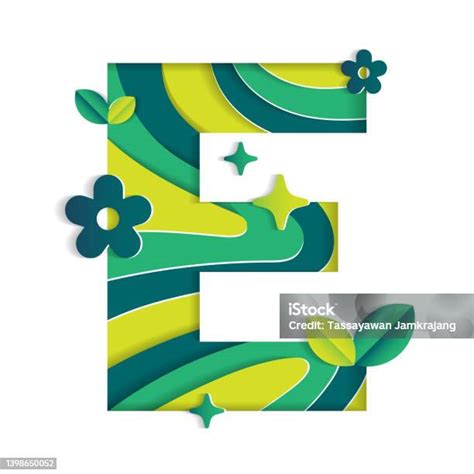 E 알파벳 문자 환경 환경 일 잎 글꼴 편지 만화 스타일 추상 종이 반짝임 빛나는 녹색 산 지리 윤곽선 지도 3d 종이 레이어 컷아웃 카드 벡터 일러스트 레이 션 개념에