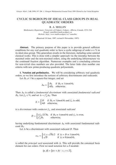 PDF Cyclic Subgroups Of Ideal Class Groups In Real Quadratic Orders