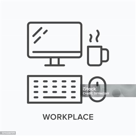 작업장 선 아이콘입니다 컴퓨터 모니터 키보드 마우스 및 커피 머그잔 벡터 그림 온라인 작업 데스크탑 탑 뷰 선형 기호 웹 회의에