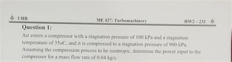 Solved Question Air Enters A Compressor With A Stagnation Chegg