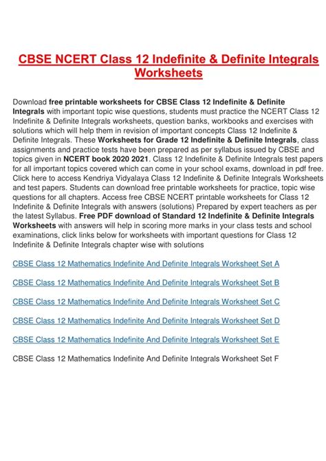 Ppt Worksheets For Class 12 Indefinite And Definite Integrals Powerpoint Presentation Id 10147232