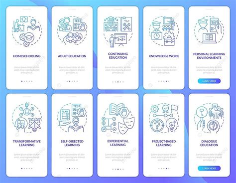 Mobile App Screen Set Blue Gradient Onboarding For Continuous Learning Vector Instructions