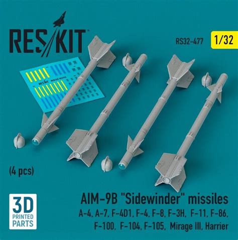 Reskit Rs32 0477 1 32 Aim 9b Sidewinder Missiles 4 Pcs A4 A7 F4d1