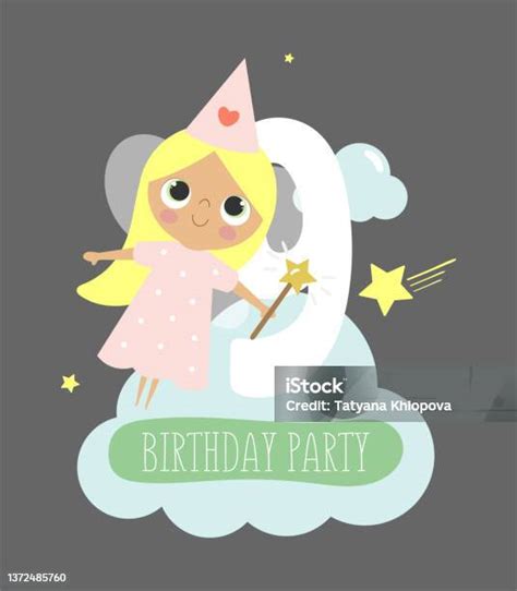 귀여운 작은 요정과 숫자 아홉 생일 카드 벡터 일러스트 만화 스타일 어린이 파티 엽서 포스터 초대장 배너 및 인쇄를 위한