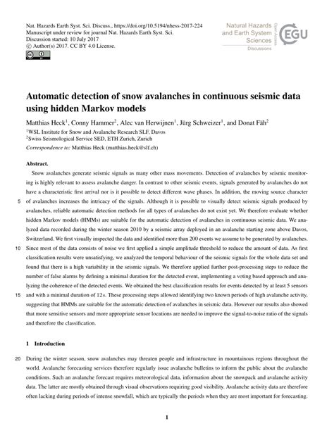 Pdf Automatic Detection Of Snow Avalanches In Continuous Seismic Data Using Hidden Markov Models