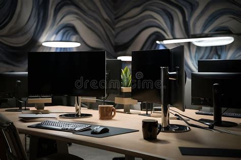 Modern Office Workspace With Two Monitors Keyboard Mouse And Coffee Cups Stock Illustration