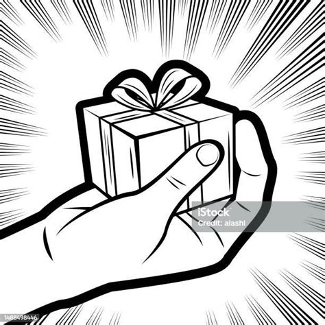 방사형 만화 스피드 라인이 있는 배경에 선물 상자를 들고 있는 손 감사에 대한 스톡 벡터 아트 및 기타 이미지 감사 개념 공유 개념 Istock
