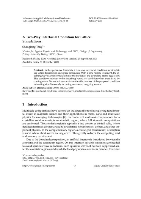 Global Science Press A Two Way Interfacial Condition For Lattice Simulations