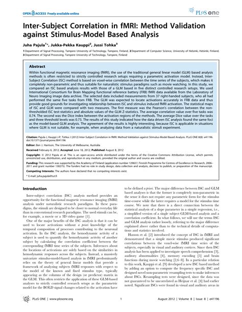 Pdf Inter Subject Correlation In Fmri Method Validation Against