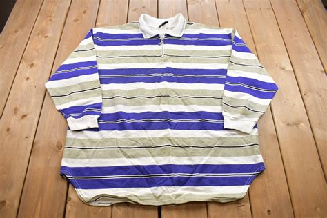 Vintage 1990s Basics Striped 14 Zip Collared Shirt Crewneck Sweatshirt