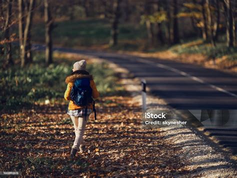 자연 속의 텅 빈 길에서 하이킹을 하는 평온한 여자의 뒷모습 가을에 대한 스톡 사진 및 기타 이미지 가을 건강한 생활방식 걷기 Istock