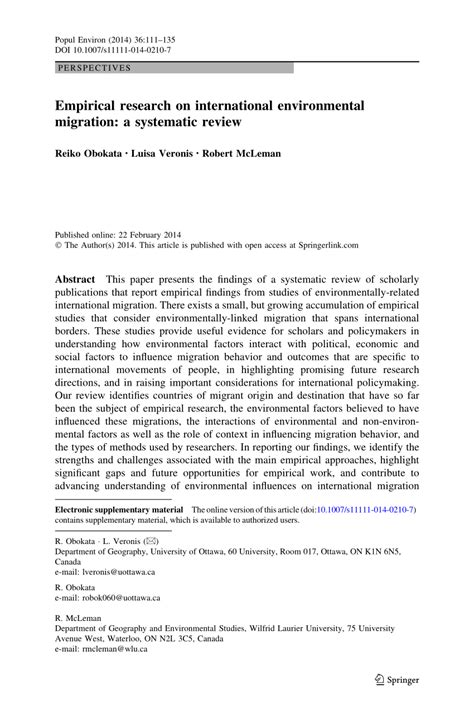 Pdf Empirical Research On International Environmental Migration A