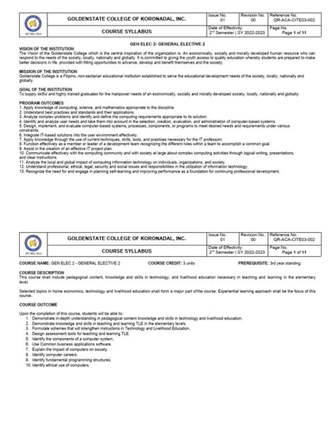 Gen Elec 2 Syllabi Pdf Computing Institution