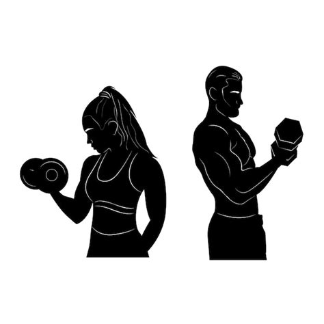 Фитнес гантели силуэт женщина и мужчина на тренировке логотип спорт спортзал бодибилдинг