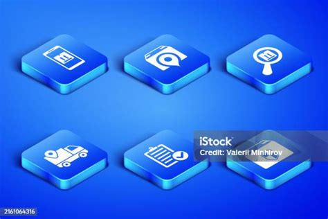 배달 상자 보안 방패 앱 추적 기능이 있는 모바일 배송 목록 확인 위치 카드보드 및 검색 패키지 아이콘을 설정합니다 벡터 3차원 형태에 대한 스톡 벡터 아트 및 기타 이미지