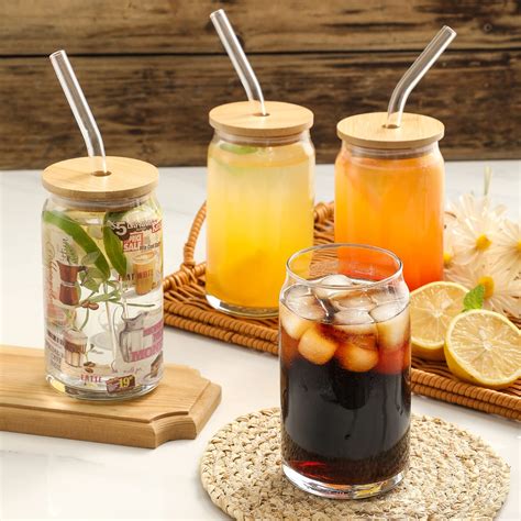 12pcs Set Glass Cups With Bamboo Lids And Glass Straw Beer Can