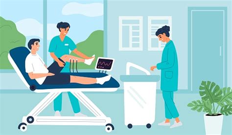 물리치료실 의사는 환자와 함께 일합니다 다리 부상 발달 이동성의 회복 재활 과정 의료 마사지 치료 절차 화려한 벡터 개념 가정의